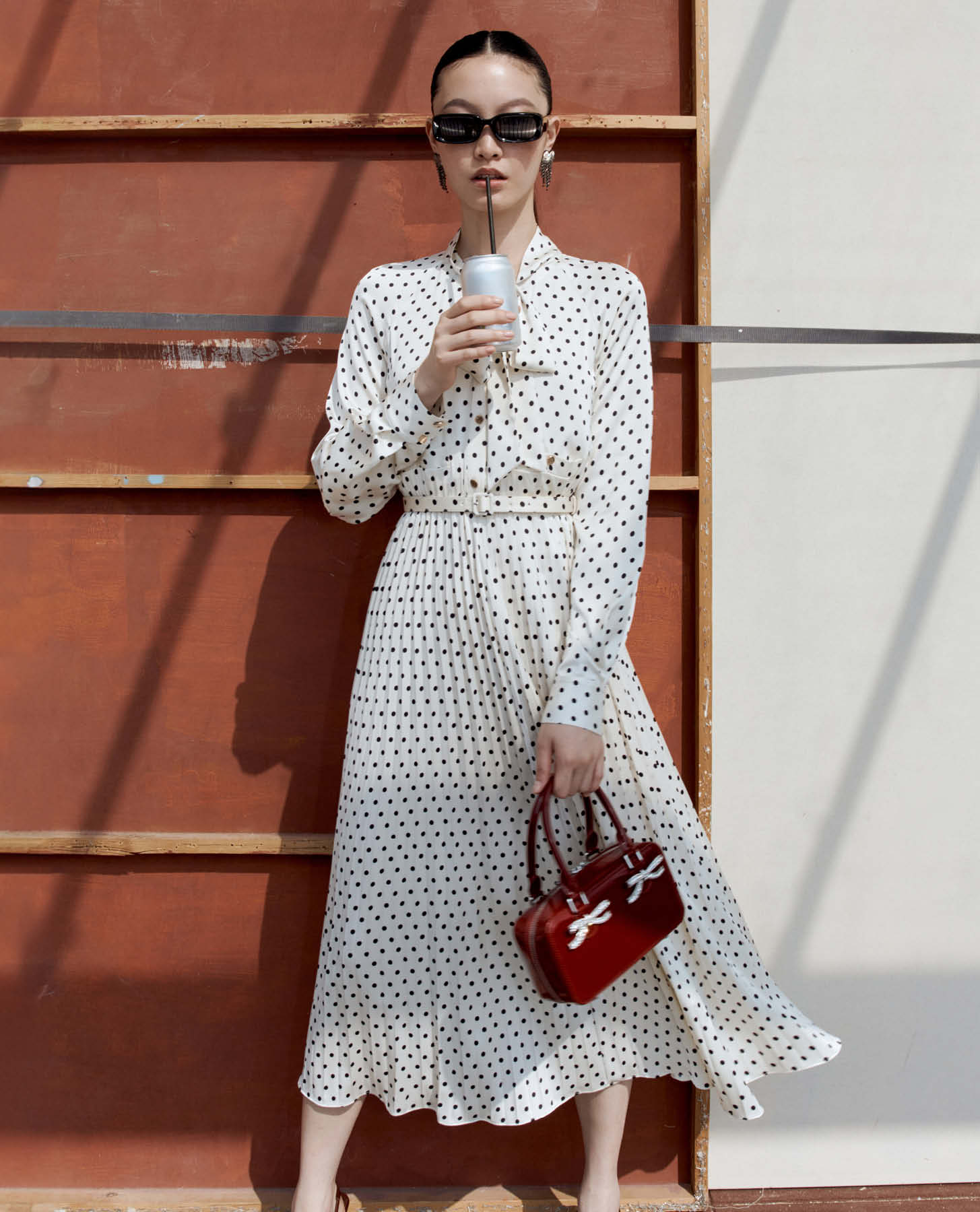 Cream Polka Dot Satin Midi Dress – self-portrait-US