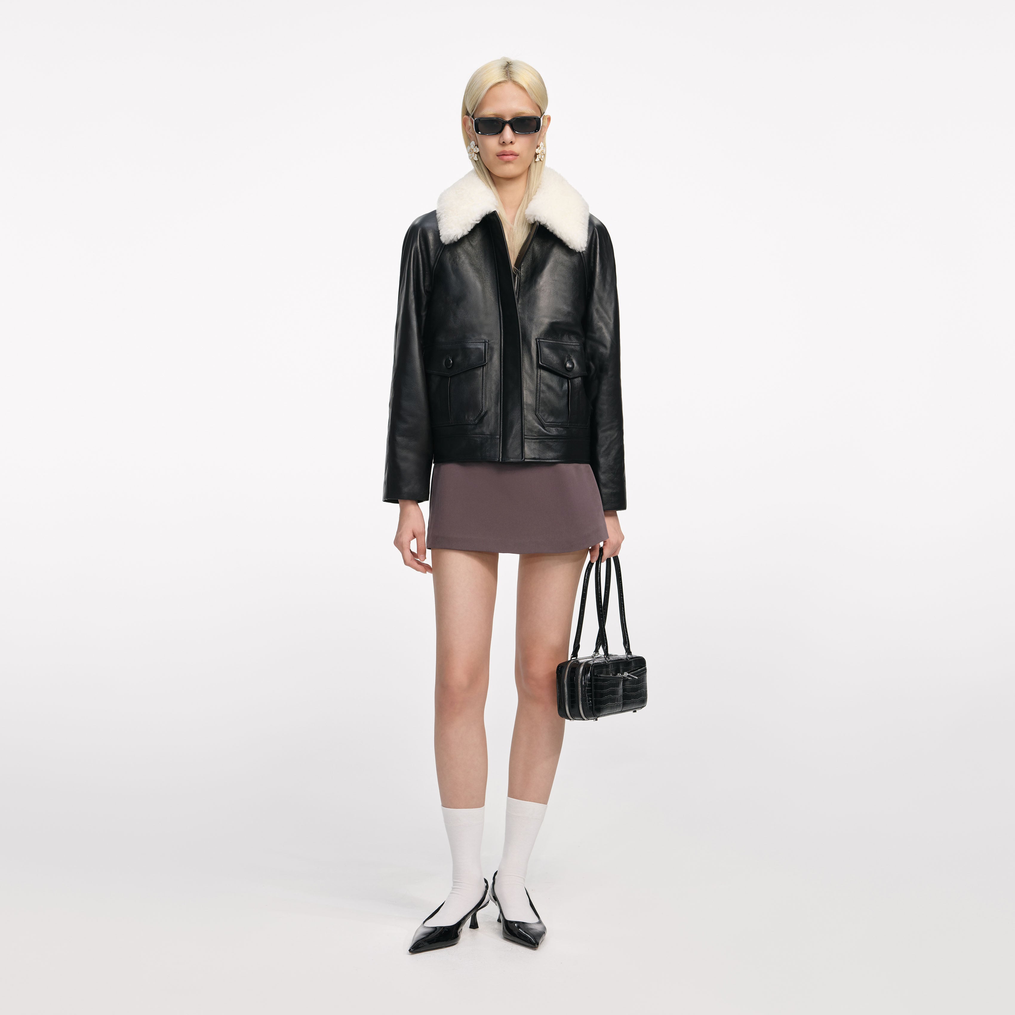 Black Leather Fur Collar Jacket – self-portrait-US