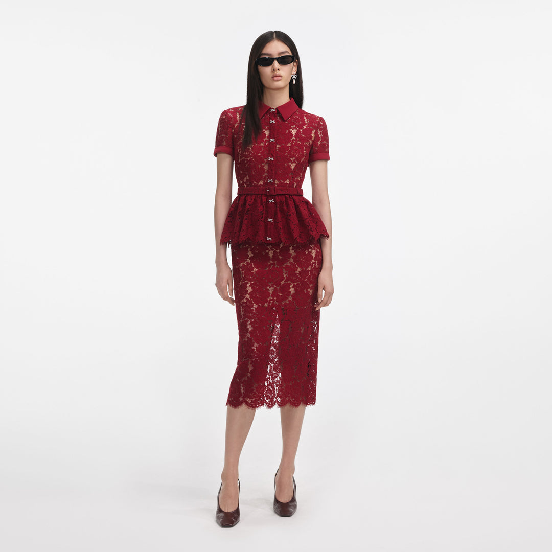 Burgundy Lace Peplum Midi Dress – self-portrait-US