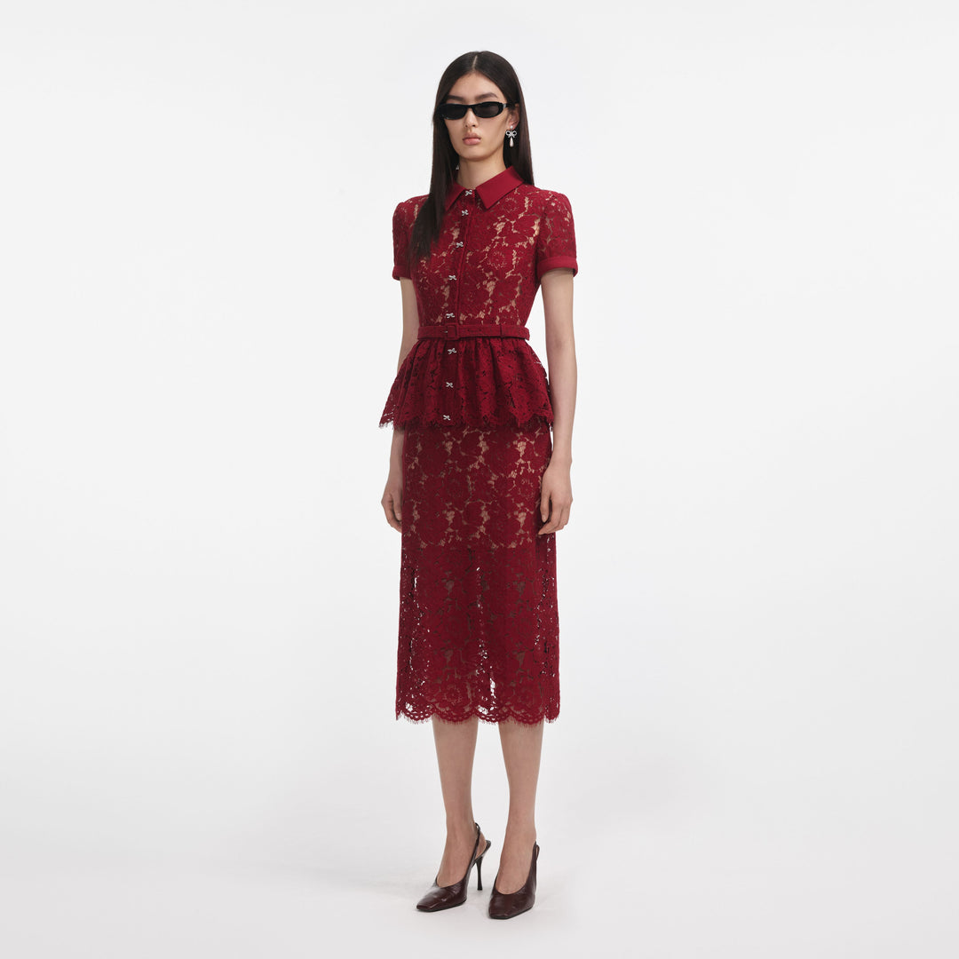 Burgundy Lace Peplum Midi Dress – self-portrait-US