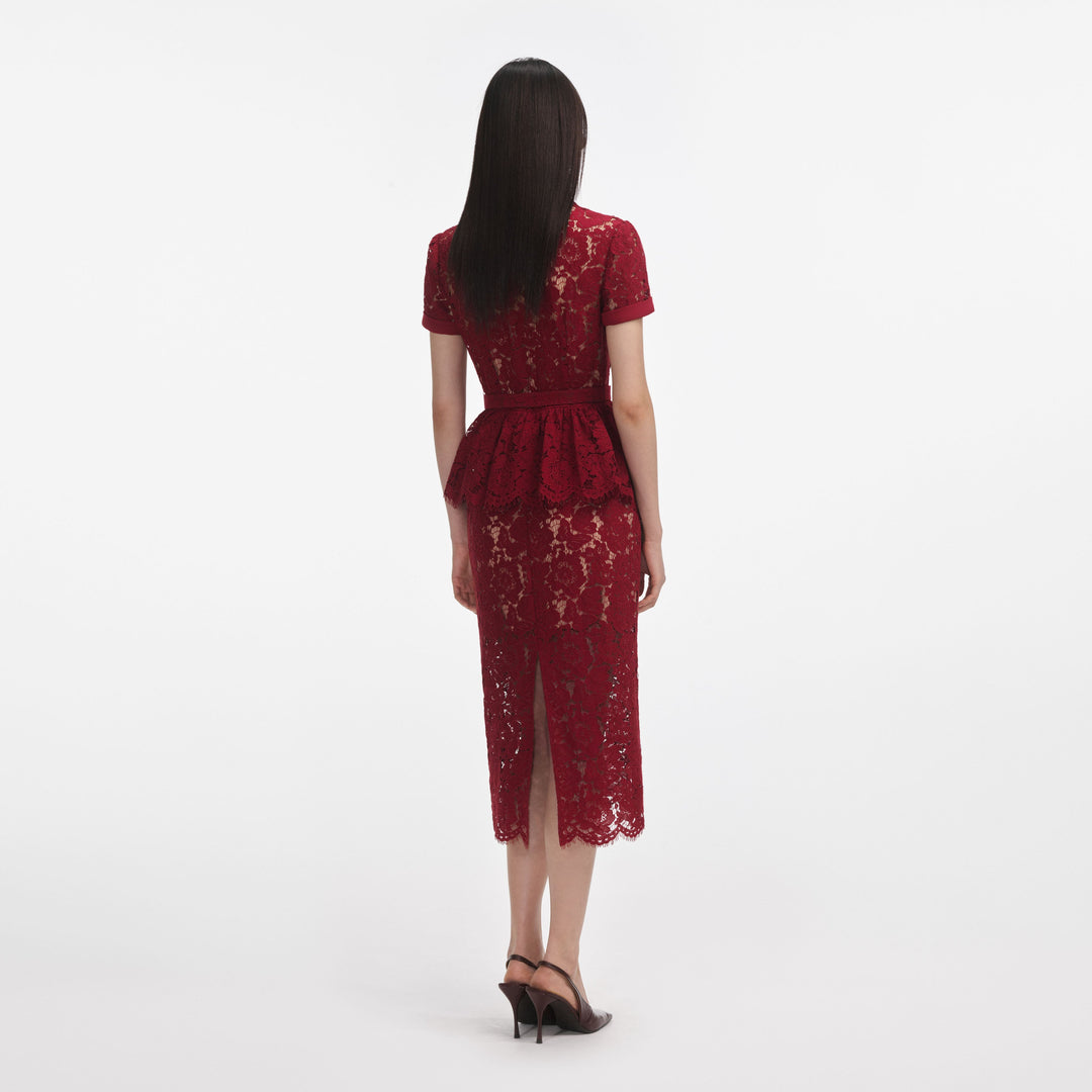 Burgundy Lace Peplum Midi Dress – self-portrait-US