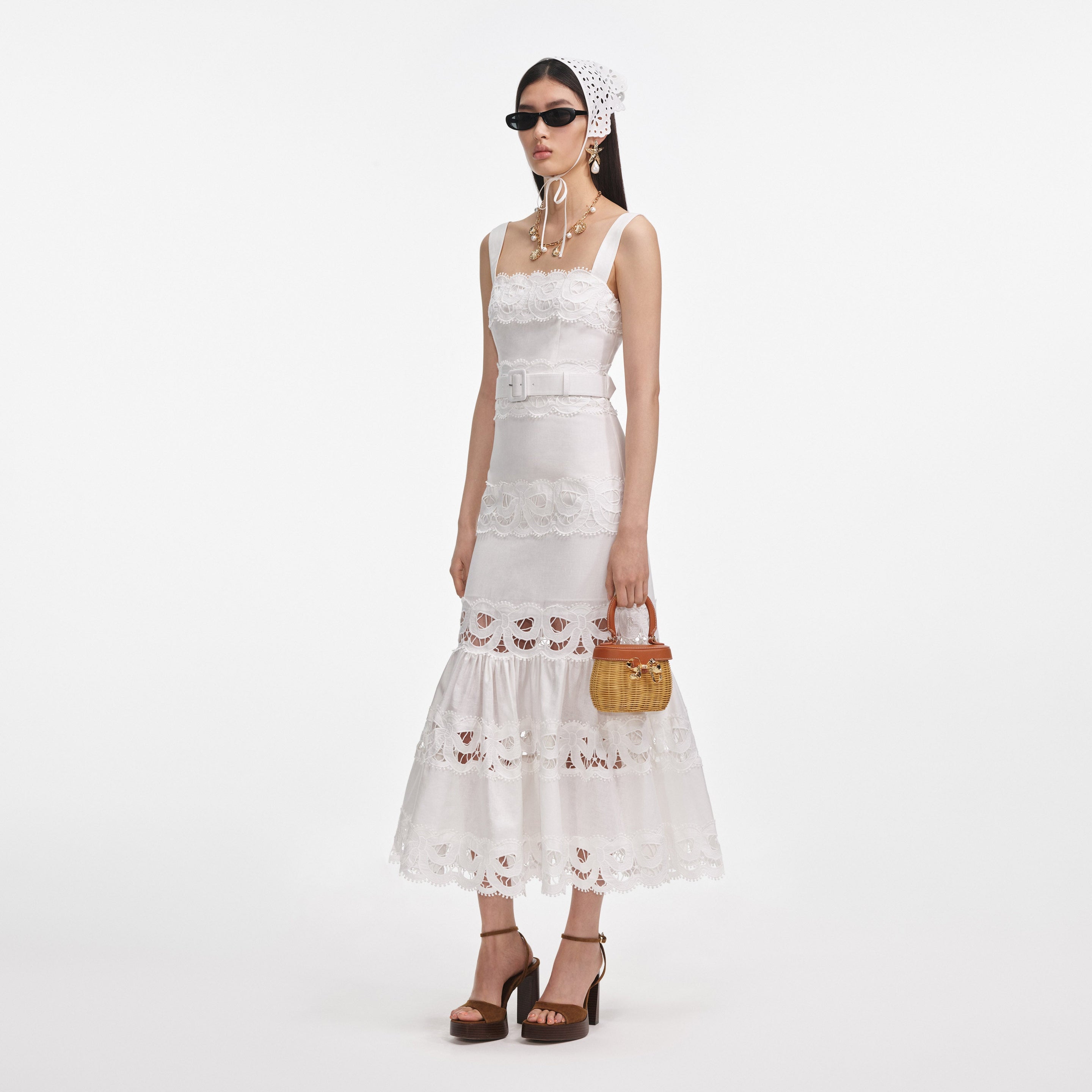 White Linen Lace Insert Midi Dress – self-portrait-US