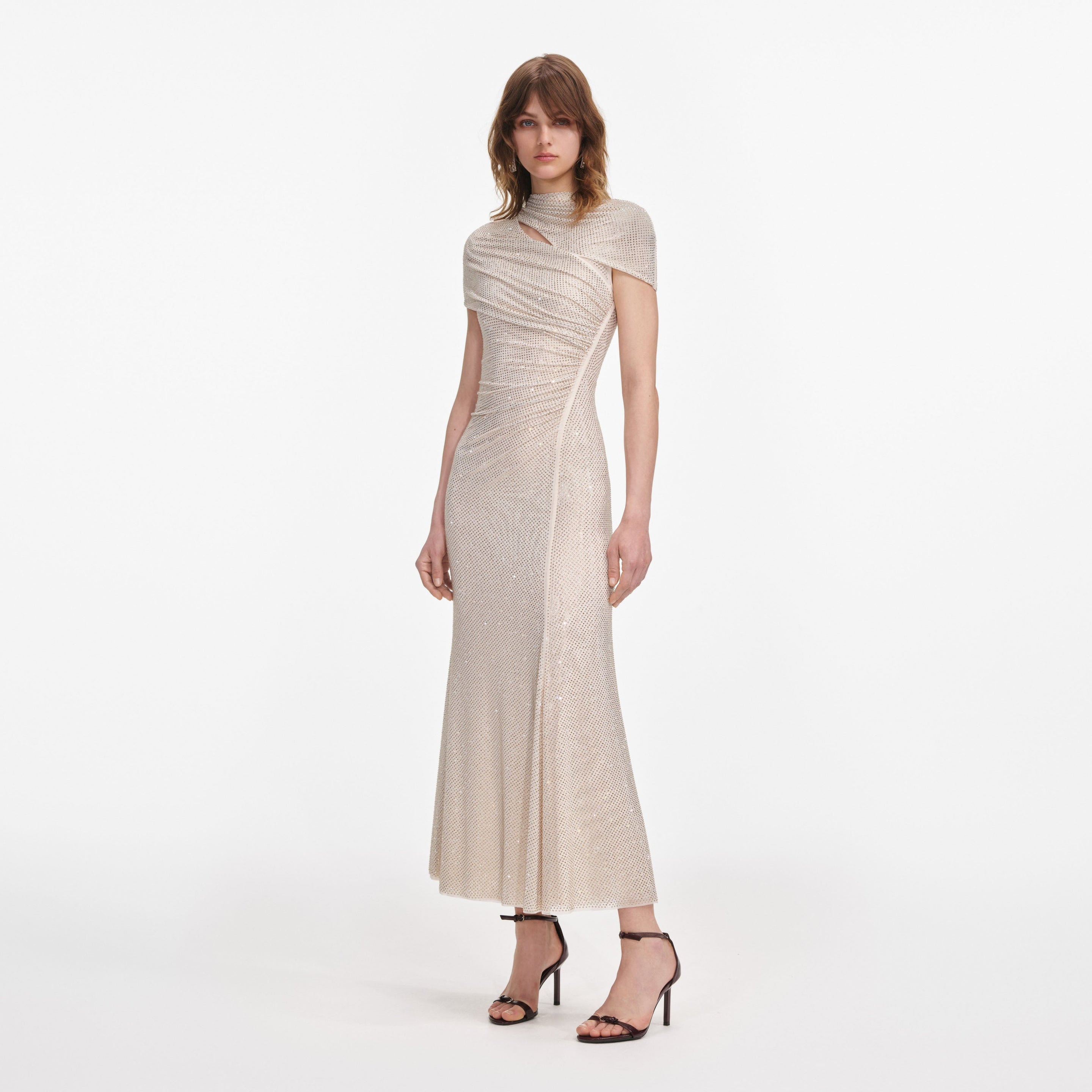 Champagne Rhinestone Mesh Cut Out Midi Dress – self-portrait-US
