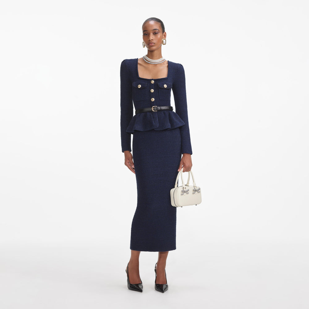 Navy Knit Peplum Midi Dress – self-portrait-US