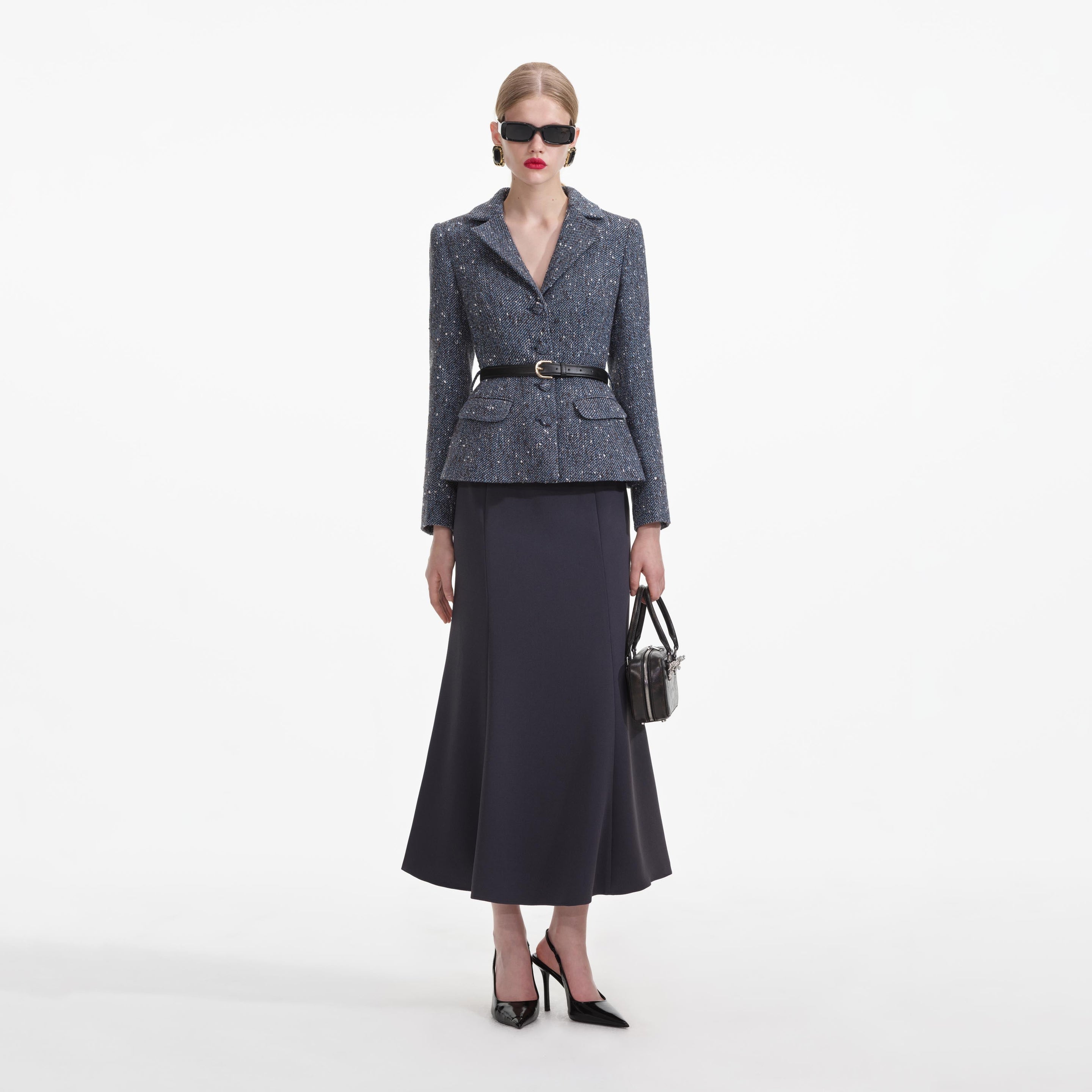 Blue Boucle Midi Dress – self-portrait-US