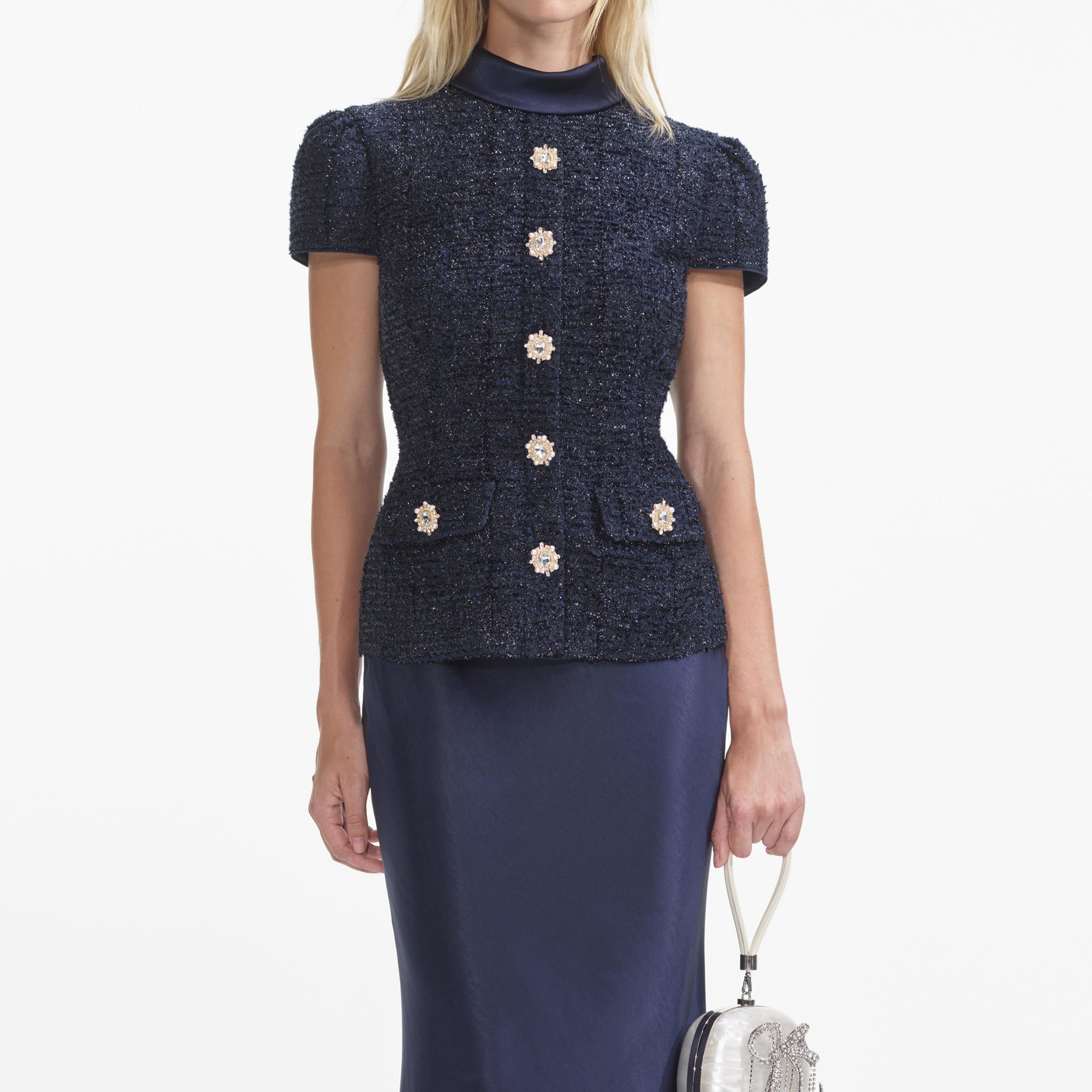 Navy Metallic Boucle Maxi Dress – self-portrait-US