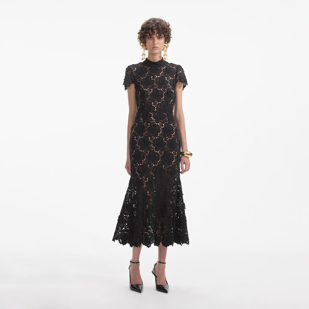 Black Flower Lace Midi Dress – self-portrait-US