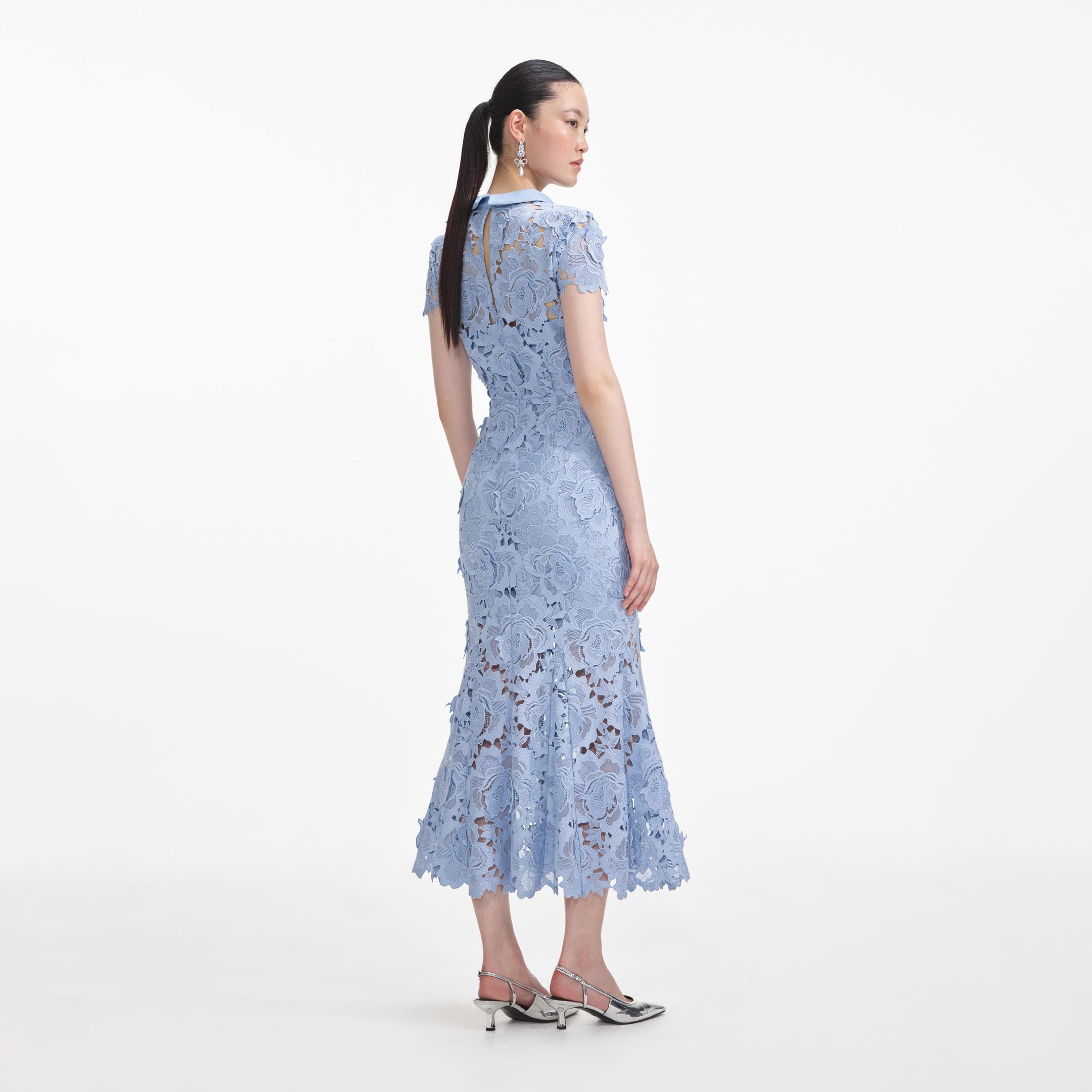 Blue Flower Lace Contrast Collar Midi Dress – self-portrait-US