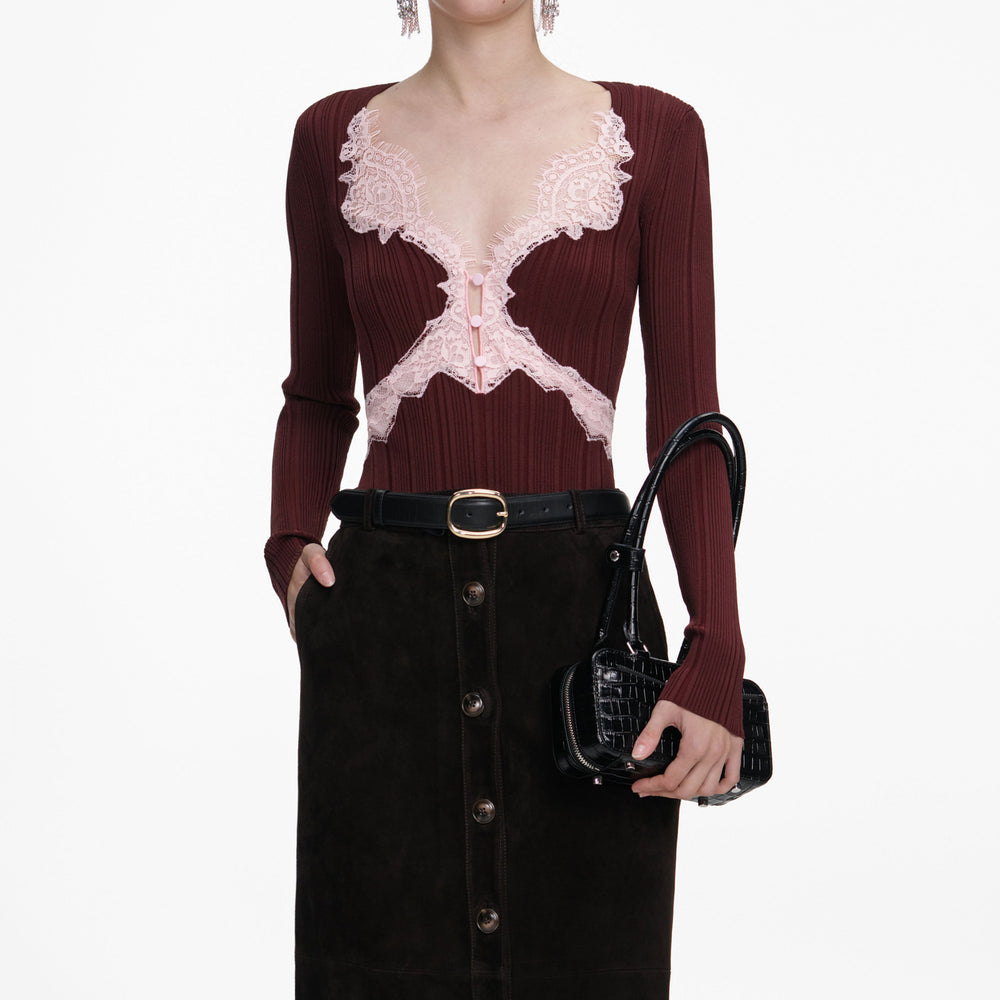Brown Contrast Lace Knit Top – self-portrait-US