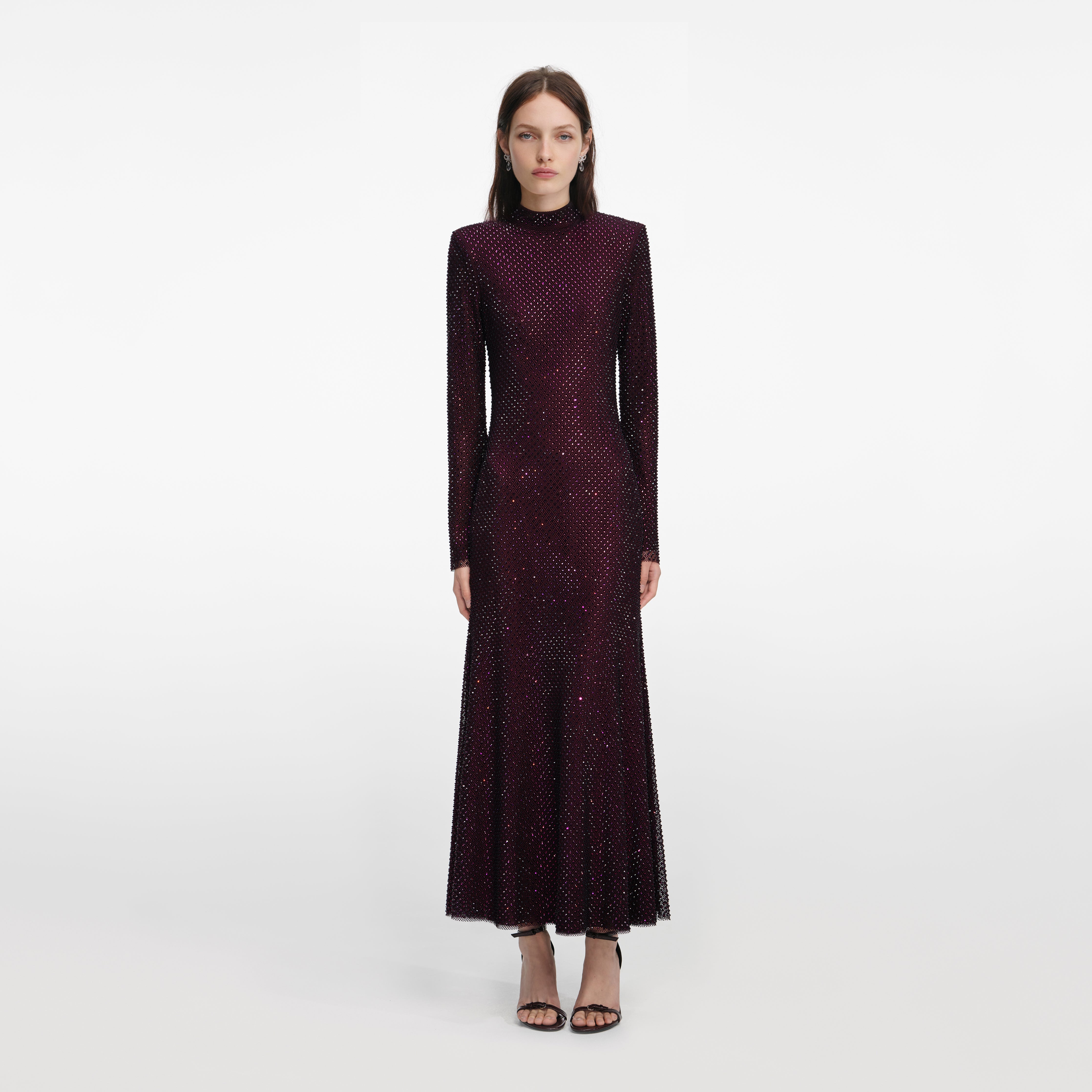 Burgundy Rhinestone Fishnet Midi Dress – self-portrait-US