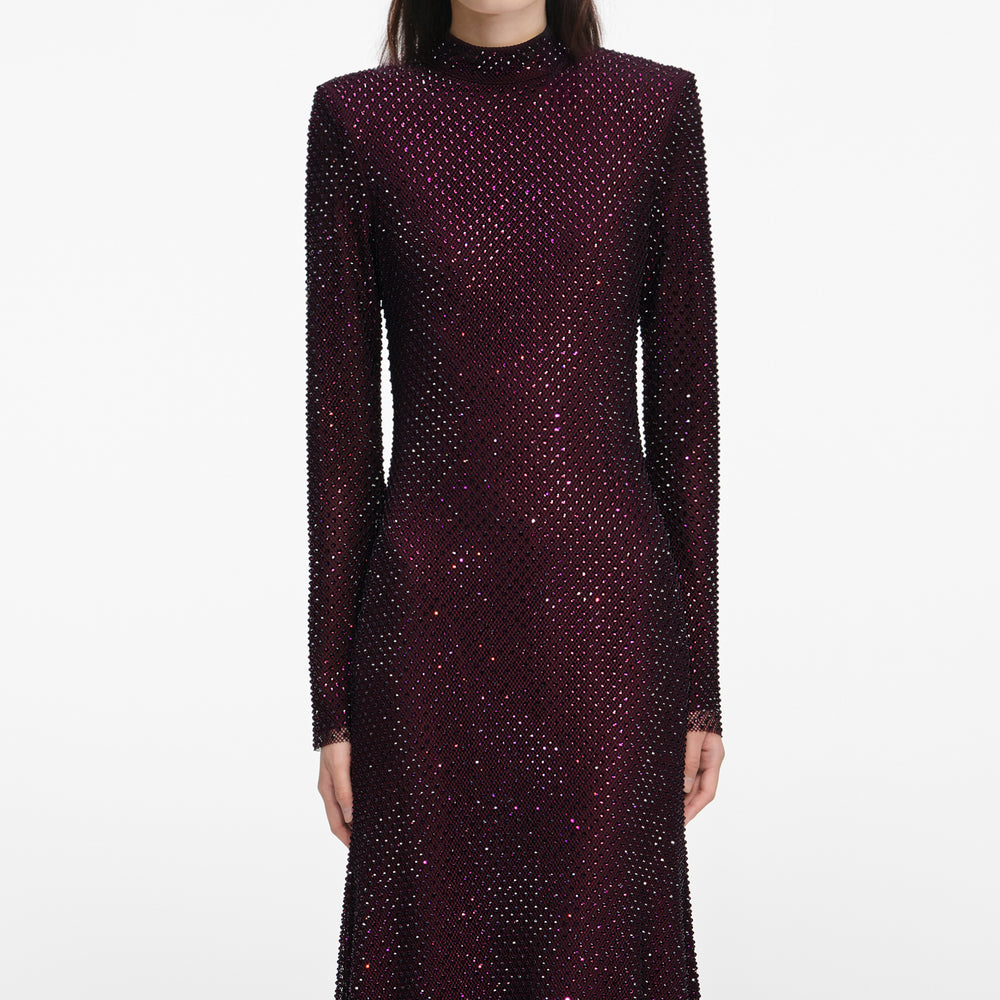 Burgundy Rhinestone Fishnet Midi Dress – self-portrait-US