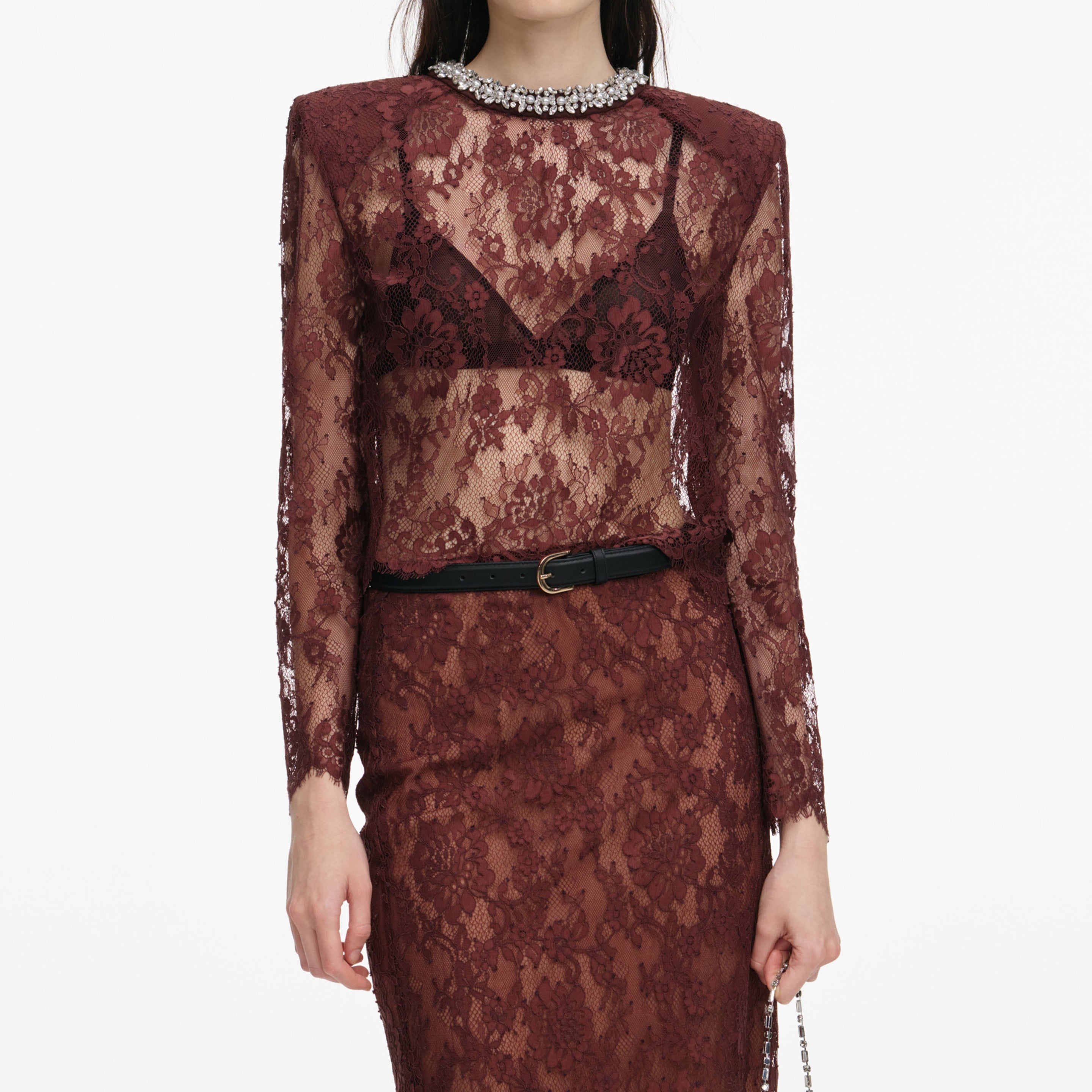 Brown Floral Lace Midi Skirt – self-portrait-US
