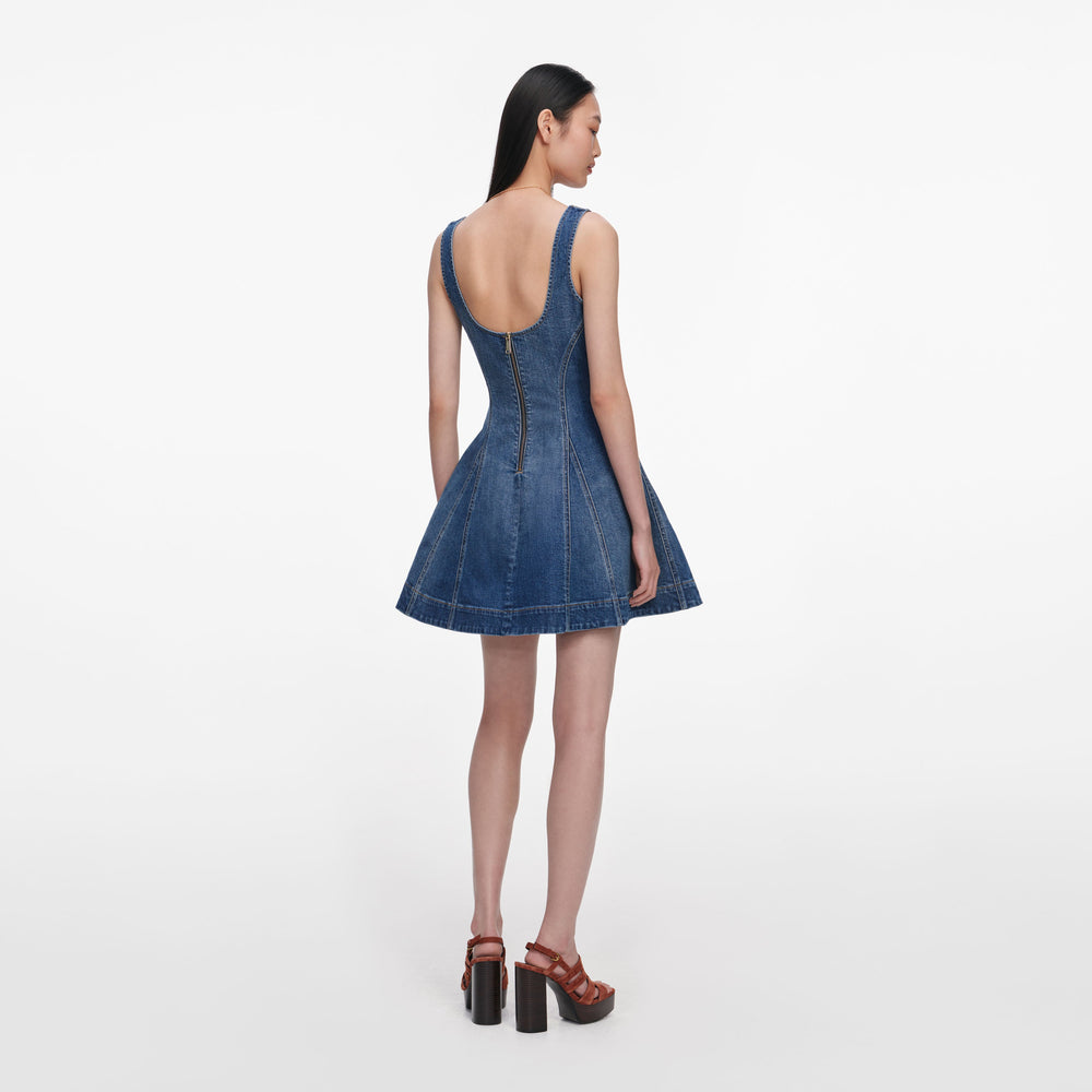 Denim Flared Mini Dress – self-portrait-US