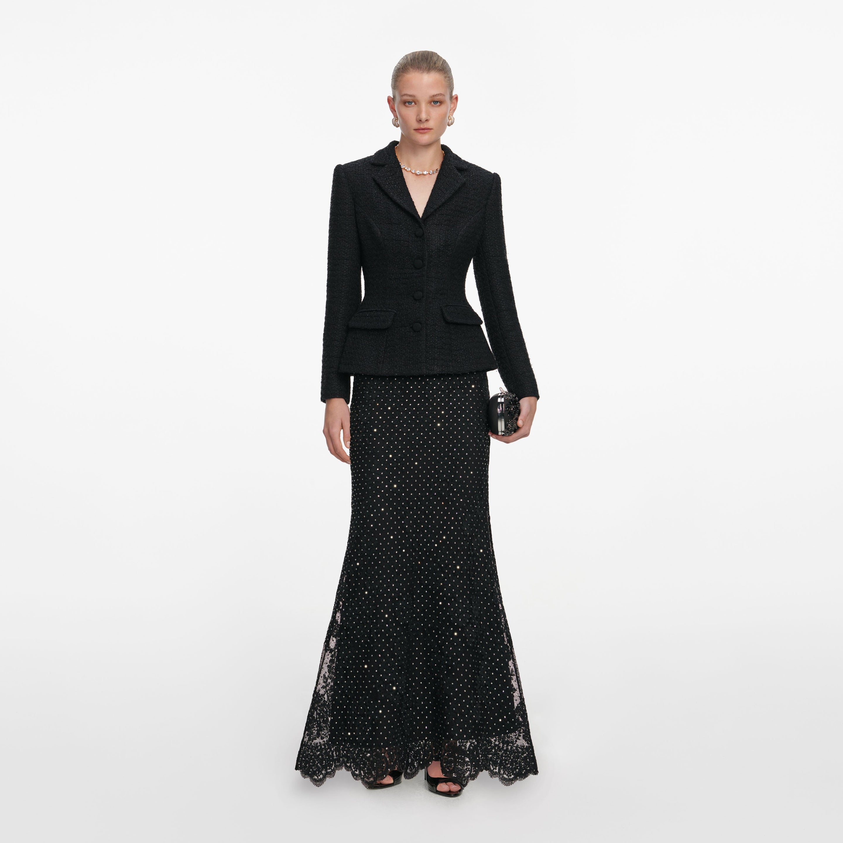 Black Boucle Rhinestone Lace Maxi Dress – self-portrait-US
