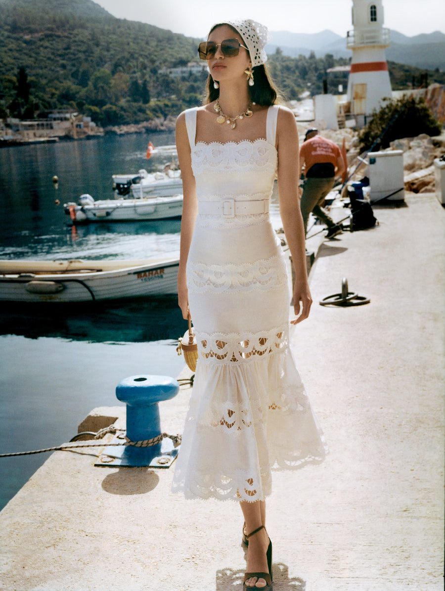 White Linen Lace Insert Midi Dress – self-portrait-US